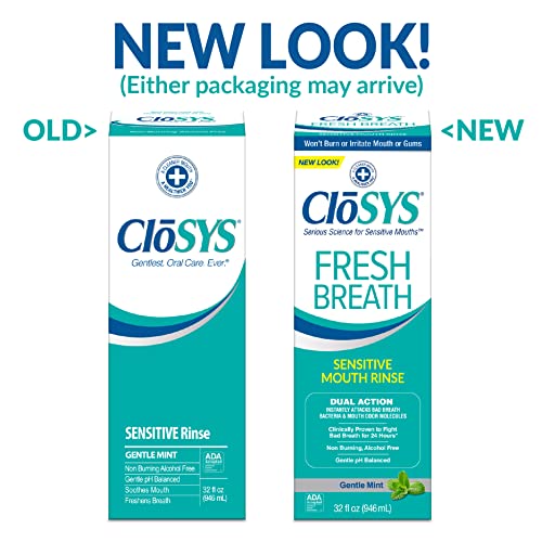 CloSYS Sensitive Mouthwash, 32 Ounce, 2 Count, Gentle Mint, Alcohol Free, Dye Free, pH Balanced, Helps Soothe Mouth Sensitivity, Fights Bad Breath