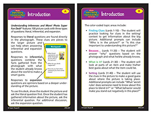 Super Duper Publications | Photo Understanding Inferences and More! Super Fun Deck | Critical Thinking Flash Cards | Great for Autistic Children | Ask Literal, Inferential, or Expansion Questions