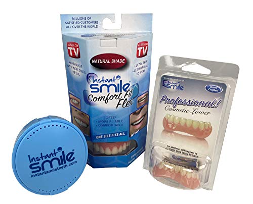 Instant Smile Comfort Fit Flex Teeth - Natural Shade Upper and Lower Kit with Vented Cleaning Case