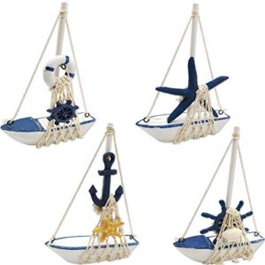 tihood 4pcs mini sailboat model decoration wooden miniature sailing boat home decor set, beach nautical design, navy blue and white, 4.4 x 6.8 inch