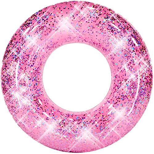 Vermo Pink Glitter Swim Ring for Pool Beach Lake Glitter Pool Inflatable Swim Tube Glitter Swim Ring for Kids, Adults Glitter Pool Floating Tube Inflatable Pool Float Glitter Pool Ring (48 Inch)