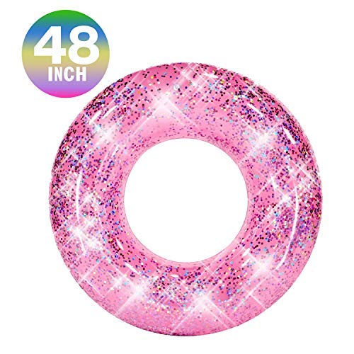 Vermo Pink Glitter Swim Ring for Pool Beach Lake Glitter Pool Inflatable Swim Tube Glitter Swim Ring for Kids, Adults Glitter Pool Floating Tube Inflatable Pool Float Glitter Pool Ring (48 Inch)