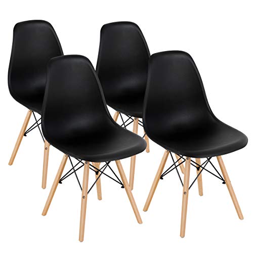 GOFLAME DSW Dining Chairs, Shell Plastic Chairs with Wood Legs, Modern Style Armless Chairs for Living Room Kitchen Bedroom, Eiffel DSW Style Side Chairs with Ergonomic Backrest Set of 2, Black