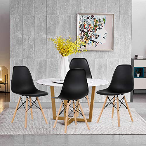 GOFLAME DSW Dining Chairs, Shell Plastic Chairs with Wood Legs, Modern Style Armless Chairs for Living Room Kitchen Bedroom, Eiffel DSW Style Side Chairs with Ergonomic Backrest Set of 2, Black