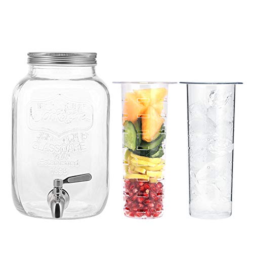 Navaris Beverage Dispenser with Spigot - 1 Gallon (4 L) Glass Drink Jar with Fruit Infuser and Ice Insert - for Cold Drinks, Water, Parties