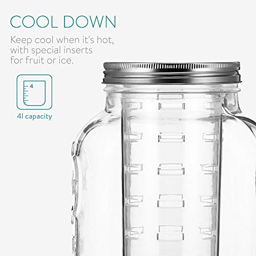 Navaris Beverage Dispenser with Spigot - 1 Gallon (4 L) Glass Drink Jar with Fruit Infuser and Ice Insert - for Cold Drinks, Water, Parties