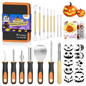 25 pcs halloween pumpkin carving kit, shuttle art 15 pcs professional premium quality stainless steel pumpkin carving tools with 10 pumpkin stencils carrying case for kids adults sculpting and carving