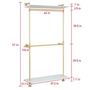 MDEPYCO Modern Simple Industrial Pipe Double Hanging Rods Clothing Rack,Retail Display Wall Mounted Storage Clothes Hanging Shelf,2 Tier Wood Garment Rack (One Shelves,Gold, 47.2" L)