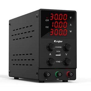 kungber dc power supply variable, 30v 10a adjustable switching regulated dc bench linear power supply with 4-digits led power display 5v/2a usb output, coarse and fine adjustments with alligator leads