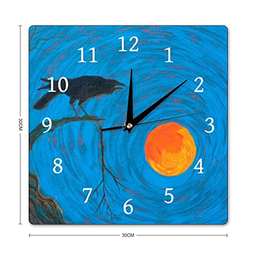 yyone Accurate Silent Non Ticking Battery Operated Wooden Decorative Wall Clock for Office Living Room Bedroom 12inch Crow Raven Moon Square Wooden Wall Clock