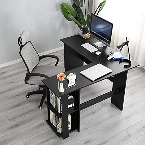 soges L-Shaped Desk with 2 Shelves, 51.2 inches Computer Desk Home Office Table Corner Desk Computer Workstations Black XTD-SC01-BK-N