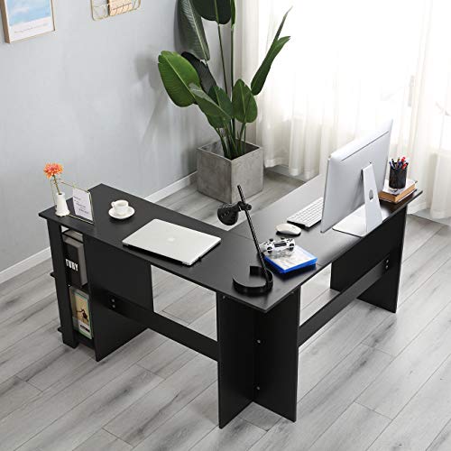 soges L-Shaped Desk with 2 Shelves, 51.2 inches Computer Desk Home Office Table Corner Desk Computer Workstations Black XTD-SC01-BK-N