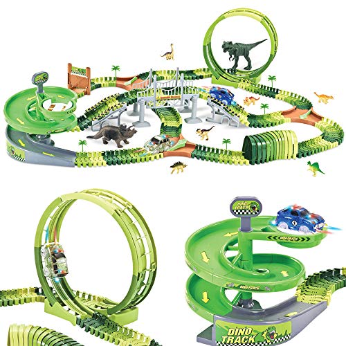 WESPREX Dinosaur Track Toy Set 280 PCS, Flexible Race Track Playset w/ 240 Tracks, 2 Race Cars, 1 Ferris Wheel (360 Degree Rotation). 1 Rotary U-Turn Tower, Dinosaur Toy for Kids Boys Girls Age 3-12