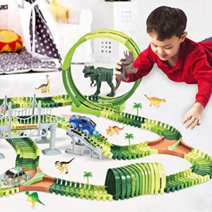 WESPREX Dinosaur Track Toy Set 280 PCS, Flexible Race Track Playset w/ 240 Tracks, 2 Race Cars, 1 Ferris Wheel (360 Degree Rotation). 1 Rotary U-Turn Tower, Dinosaur Toy for Kids Boys Girls Age 3-12