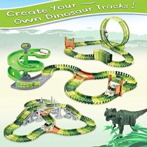 WESPREX Dinosaur Track Toy Set 280 PCS, Flexible Race Track Playset w/ 240 Tracks, 2 Race Cars, 1 Ferris Wheel (360 Degree Rotation). 1 Rotary U-Turn Tower, Dinosaur Toy for Kids Boys Girls Age 3-12