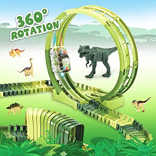 WESPREX Dinosaur Track Toy Set 280 PCS, Flexible Race Track Playset w/ 240 Tracks, 2 Race Cars, 1 Ferris Wheel (360 Degree Rotation). 1 Rotary U-Turn Tower, Dinosaur Toy for Kids Boys Girls Age 3-12