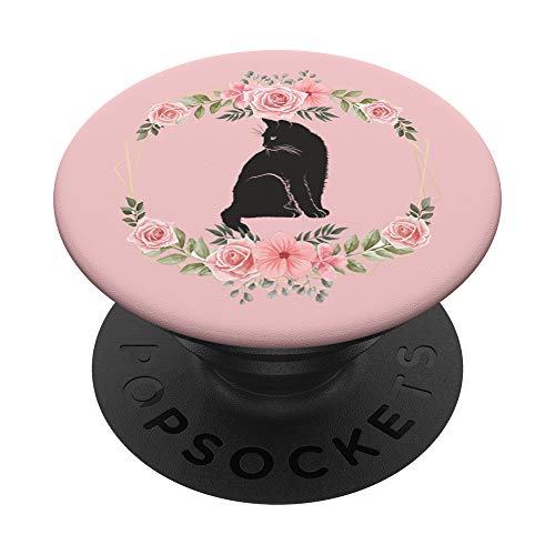 Floral Rose Pink Phone Holder Flowers black cats lovers PopSockets PopGrip: Swappable Grip for Phones & Tablets