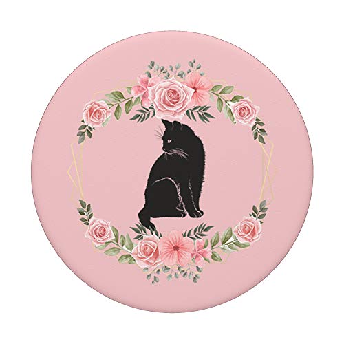 Floral Rose Pink Phone Holder Flowers black cats lovers PopSockets PopGrip: Swappable Grip for Phones & Tablets