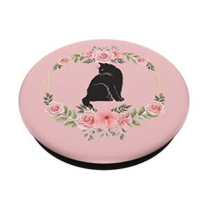 Floral Rose Pink Phone Holder Flowers black cats lovers PopSockets PopGrip: Swappable Grip for Phones & Tablets