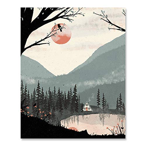 Mountain Wilderness Art Print - 8 x 10 Nature Forest Woodlands Cabin Unframed Artwork Lake House Outdoor Inspiration Poster Wildlife Pine Trees Landscape Calming Peaceful Plant Life Hiking Home Decor