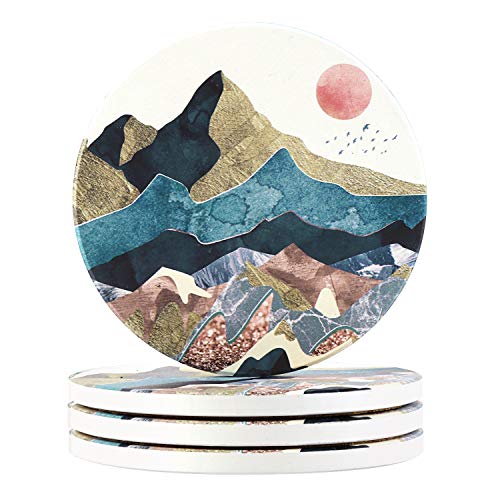 Lahome Mountain Range Coasters - Round Drinks Absorbent Stone Coaster Set with Ceramic Stone and Cork Base for Kinds of Mugs and Cups (Sunset, 4)