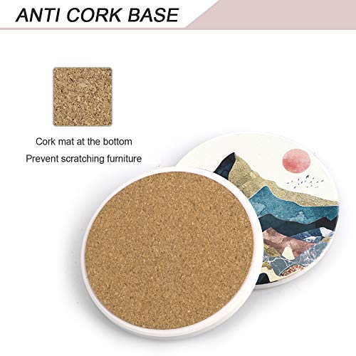 Lahome Mountain Range Coasters - Round Drinks Absorbent Stone Coaster Set with Ceramic Stone and Cork Base for Kinds of Mugs and Cups (Sunset, 4)