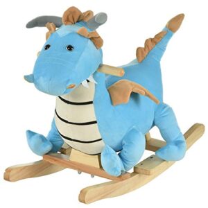 qaba kids plush ride-on rocking horse toy dinosaur ride rocking chair with realistic sounds for18-36 months, blue