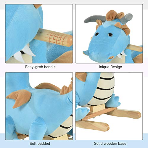 Qaba Kids Plush Ride-On Rocking Horse Toy Dinosaur Ride Rocking Chair with Realistic Sounds for18-36 Months, Blue