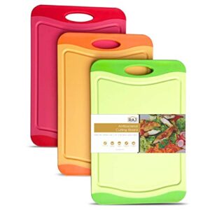 raj plastic cutting board reversible cutting board, dishwasher safe, chopping boards, juice groove, large handle, non-slip, bpa free (small, red, green & orange)