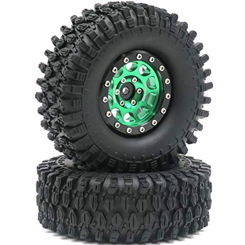 2pcs RC 1.9 Super Swamper Crawler Tires Tyre Height 108mm & Aluminum 1.9 Beadlock Wheel Rim Green/Black Color