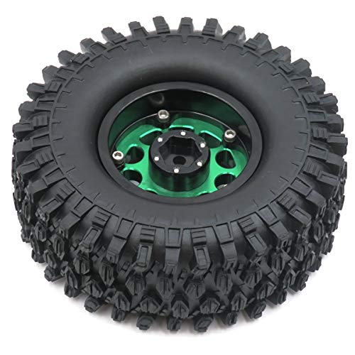 2pcs RC 1.9 Super Swamper Crawler Tires Tyre Height 108mm & Aluminum 1.9 Beadlock Wheel Rim Green/Black Color