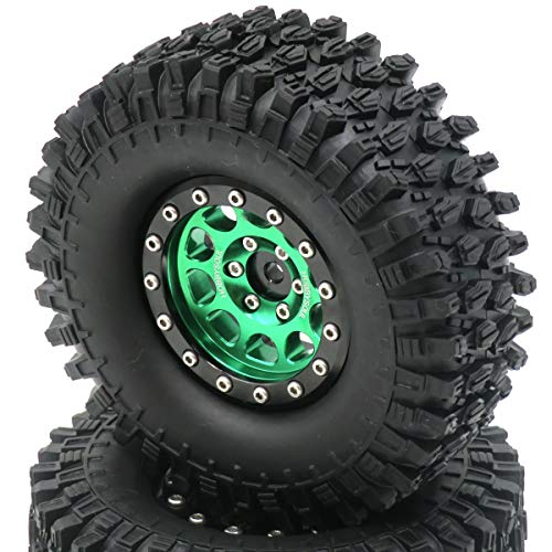 2pcs RC 1.9 Super Swamper Crawler Tires Tyre Height 108mm & Aluminum 1.9 Beadlock Wheel Rim Green/Black Color