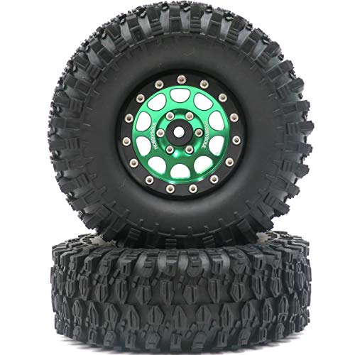 2pcs RC 1.9 Super Swamper Crawler Tires Tyre Height 108mm & Aluminum 1.9 Beadlock Wheel Rim Green/Black Color