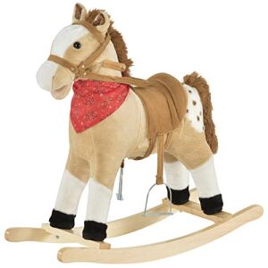 qaba kids plush ride-on rocking horse toy cowboy rocker with fun realistic sounds for child 3-6 years old, beige