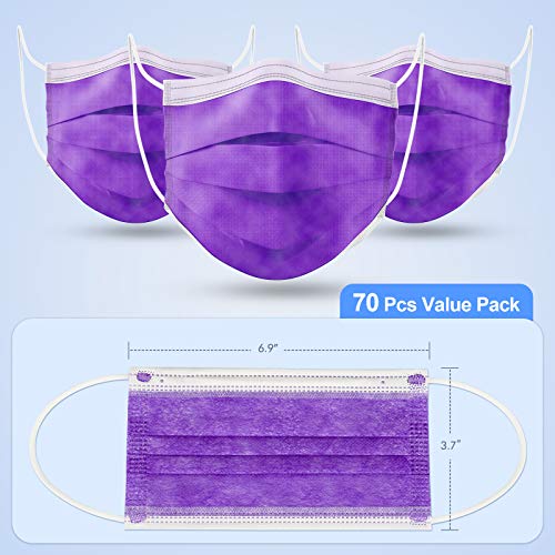 70PCS Adult Size Disposable Protective Face Mask 3-Layer Individually Packed, Soft Elastic Earloop Skin-Friendly Breathable Adjustable Fit Nose Clip Sanitary Safe Nonwoven Fabric Filtration (Lavender)