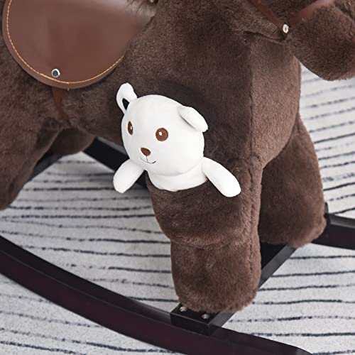 Qaba Kids Plush Ride-On Rocking Horse with Bear Toy, Children Chair with Soft Plush Toy & Fun Realistic Sounds, Brown