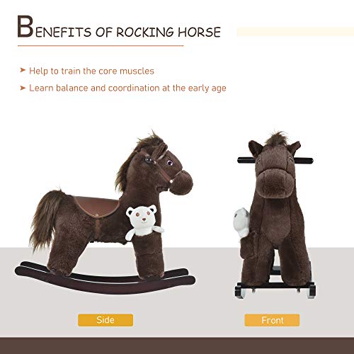 Qaba Kids Plush Ride-On Rocking Horse with Bear Toy, Children Chair with Soft Plush Toy & Fun Realistic Sounds, Brown