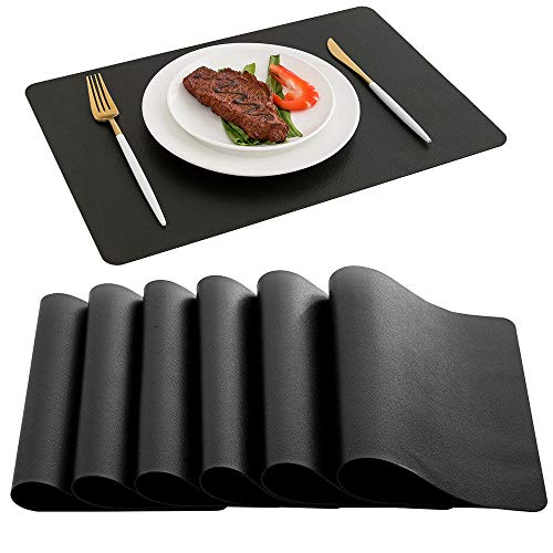 DOLOPL Placemats Black Placemat Leather Table Mats Set of 6 Heat Resistant Easy to Clean Wipeable Waterproof Washable Outdoor Placemats for Kitchen Dining Patio Table Decorations