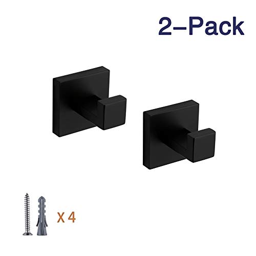 N/P Black Bathroom Hooks SUS 304 Stainless Steel Square Robe or Towel Holder for Bath Kitchen Pool Garage Hotel,2-Pack (Matte Black)