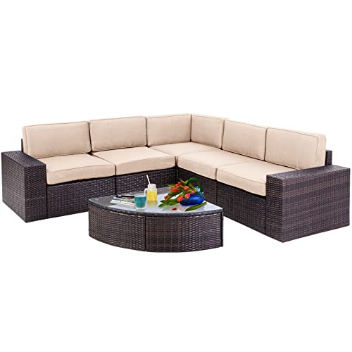 Incbruce 6-Piece Outdoor Patio Furniture Sofa Set, All-Weather Wicker Sectional Couch, Patio Garden Conversation Sets with Glass Wedge Coffee Table and Washable Cushions (Light Brown)