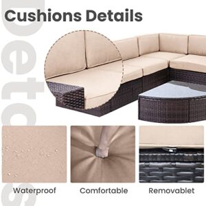 Incbruce 6-Piece Outdoor Patio Furniture Sofa Set, All-Weather Wicker Sectional Couch, Patio Garden Conversation Sets with Glass Wedge Coffee Table and Washable Cushions (Light Brown)