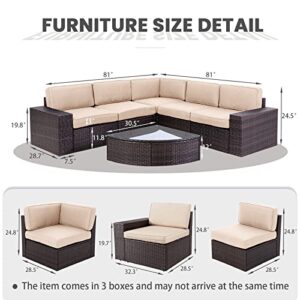 Incbruce 6-Piece Outdoor Patio Furniture Sofa Set, All-Weather Wicker Sectional Couch, Patio Garden Conversation Sets with Glass Wedge Coffee Table and Washable Cushions (Light Brown)