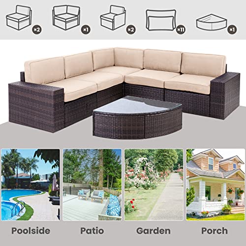 Incbruce 6-Piece Outdoor Patio Furniture Sofa Set, All-Weather Wicker Sectional Couch, Patio Garden Conversation Sets with Glass Wedge Coffee Table and Washable Cushions (Light Brown)