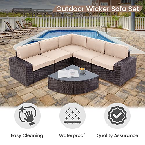 Incbruce 6-Piece Outdoor Patio Furniture Sofa Set, All-Weather Wicker Sectional Couch, Patio Garden Conversation Sets with Glass Wedge Coffee Table and Washable Cushions (Light Brown)