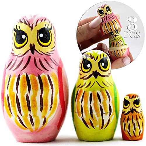 Owl Art - Small Russian Nesting Dolls Owl Decorations for Home Shelf Decor Accents - Wood Owl Statue - Owl Gifts Decor Figurines