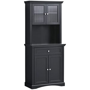 homcom 71" traditional freestanding kitchen buffet with hutch, pantry cabinet with 4 doors, 3-level adjustable shelves, and 1 drawer, black