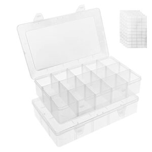 umirokin 2 pack 15 grids large clear plastic organizer box with adjustment dividers, tackle box organizer, compartment organizer containers for bead jewlery rock collection washi tapes threads screws.