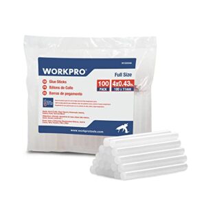 workpro full size hot glue sticks, 100-pack, 0.43x4 inches, compatible with most glue guns, multipurpose for diy art craft general repairs, home decorations and gluing projects