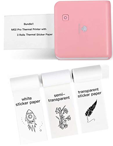 Phomemo M02 Pro Mini Bluetooth Thermal Pocket Printer with 3 Rolls Adhesive White/Transparent/Semi-Transparent Paper, Compatible with iOS + Android for Plan Journal, Study Notes, DIY, Work, Gift