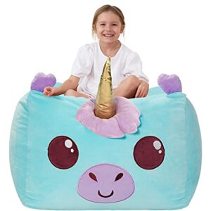 aubliss unicorn stuffed animal storage bean bag chair for kids, velvet extra soft beanbag chairs cover, x-large stuffable zipper bean bag for organizing plush toys girls bedroom decor, cyan